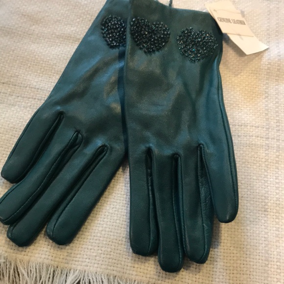 Hype | Accessories | Turquoise Leather Gloves With Beaded Hearts | Poshmark
